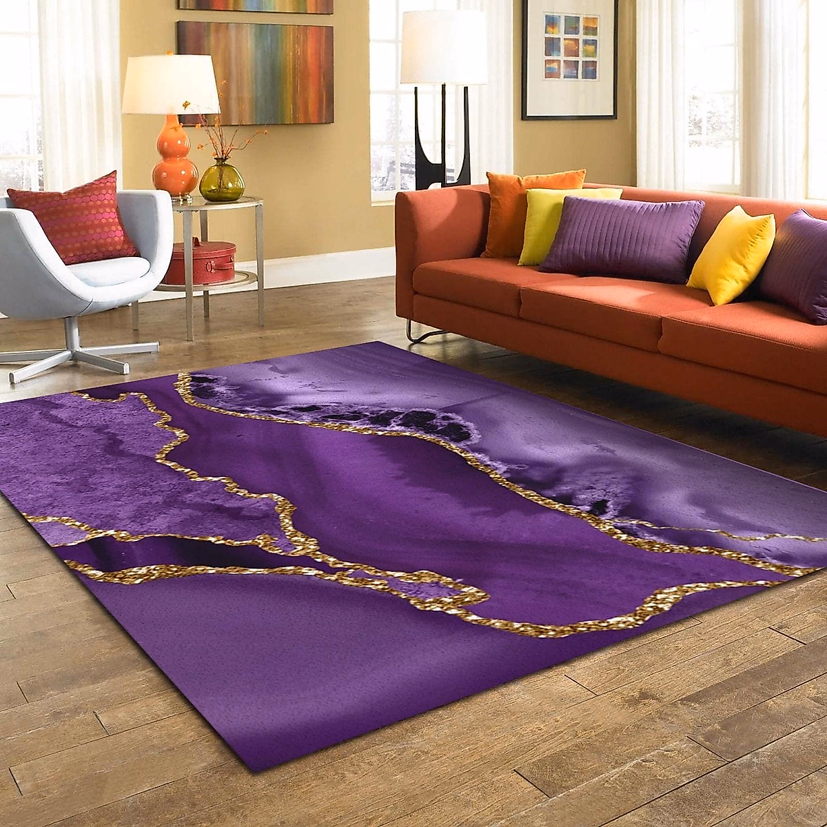 HEISEM Light Luxury Purple Gold Marble Texture Area Rugs, Modern Abstract Gold Stripe Art Kids Rug, for Room Sofa Living Room Mat Bedroom Home Decor Floor Mats,2 x 3ft