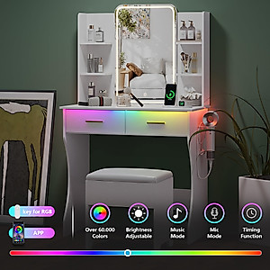 Small Vanity Desk with Mirror and Lights, Makeup Vanity Mirror with Lights Desk and Chair & 6 Shelves Compact White Vanity Mirror with RGB LED Lights 3 Lighting Adjustable Dressing Table for Women