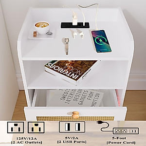 Gyger Nightstand Set of 2，Wood Nightstand with Charging Station，Bed Side Table with Rattan Decor Drawer，Small Night Table with Storage for Bedroom,White
