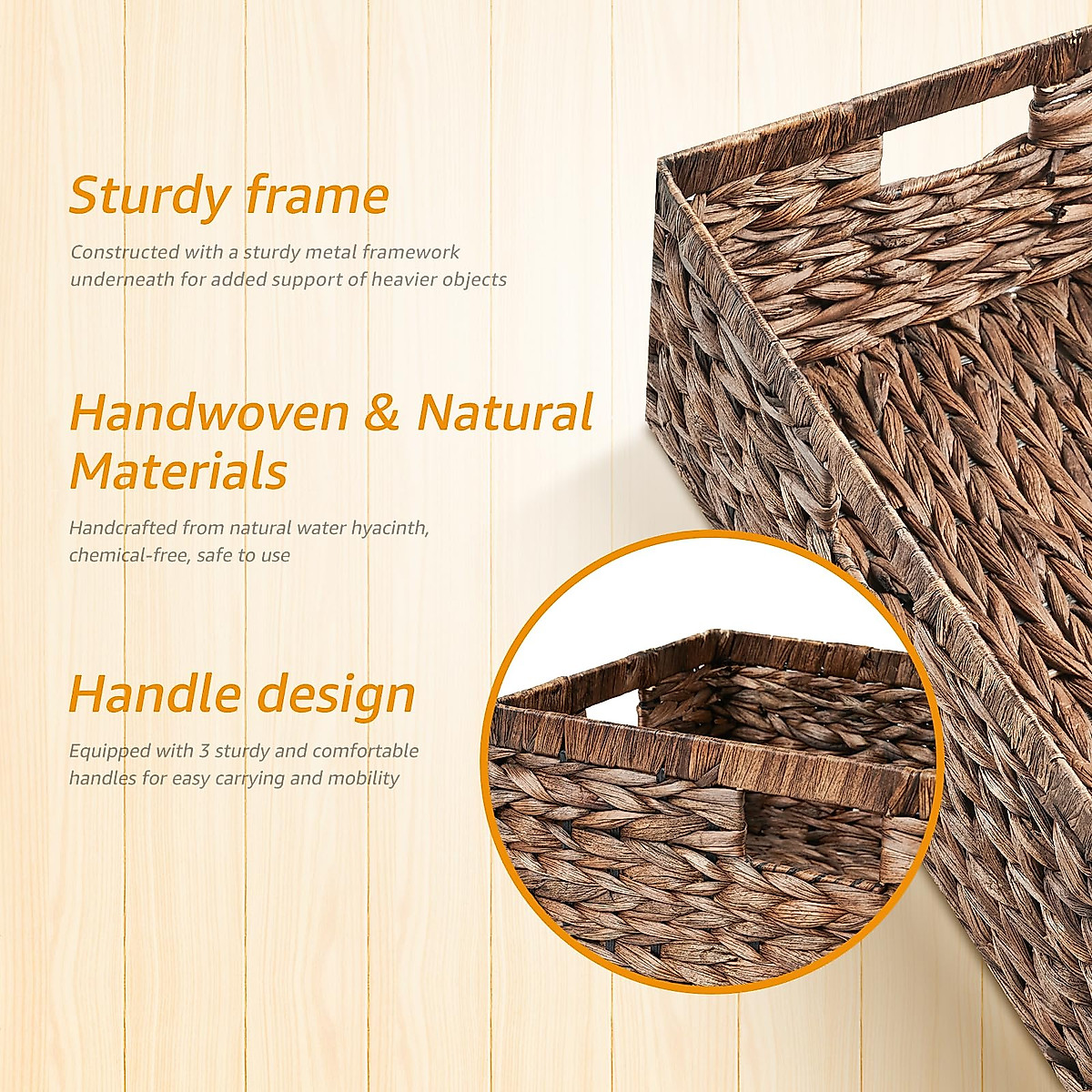 LGENHOOM Large Wicker Storage Basket, Woven Basket with Built-in Handles, Water Hyacinth Basket Storage, Rectangular Organizer Basket, Natural Wicker Baskets (Brown Water Hyacinth 16.5 x 12.6 x 6.7)