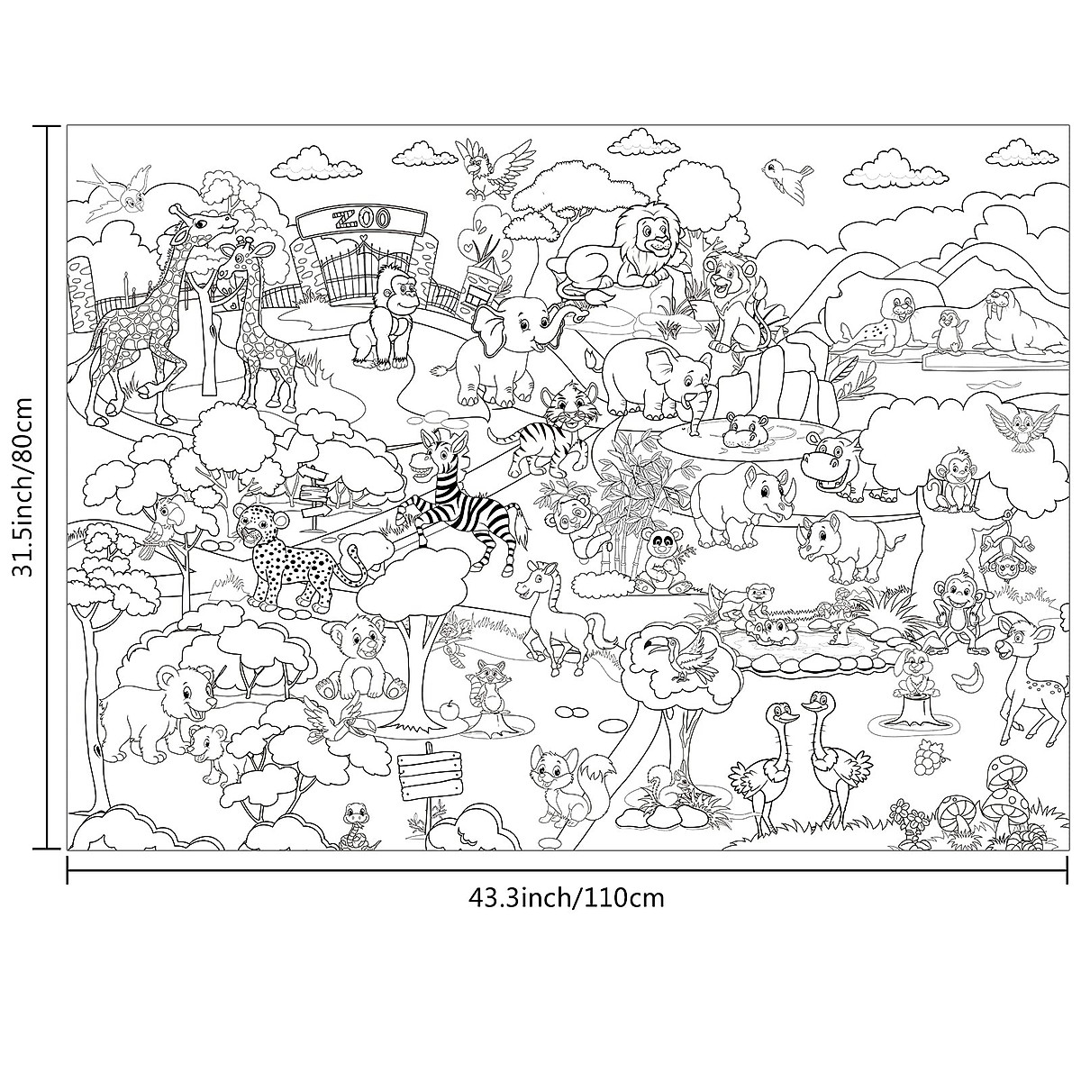 Zoo Jumbo Giant Coloring Poster for Kids 45 x 32 Inch Table Wall Coloring Pages Big Animals Huge Coloring Paper Large Coloring Sheets for Art Activities Kid Birthday Home