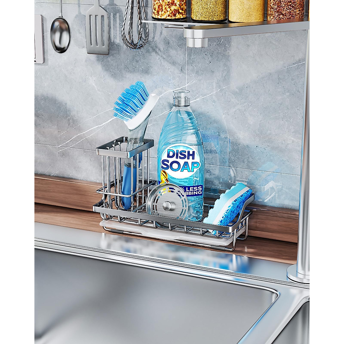 Sink Caddy, Consumest Kitchen Sponge Holder + Dish Brush Holder for Kitchen Sink, Sink Organizer with Drip Tray for Countertop, Stainless Steel Rustproof - Silver
