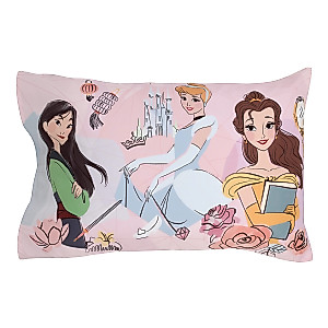 Disney Princess Bold As Ever Pink, Lavender, Yellow Belle, Cinderella, Mulan, Ariel, Moana and Rapunzel 2 Piece Toddler Sheet Set - Fitted Sheet and Reversible Pillowcase
