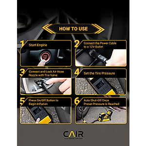 CAIR Tire Inflator Portable Air Compressor, 12V DC Small Air Pump for Car Tires - Car Accessories, 150PSI Smart Digital Pressure Gauge, LED Light for Motorcycle, Bike, Ball and Inflatables