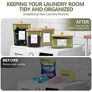 Zingbee 4 Pack Laundry Pods Container & Dryer Sheet Holder, Plastic Laundry Pod Holder with Lids & Scoops, Laundry Room Organization and Storage Sets for Powder, Detergent, Scent Booster