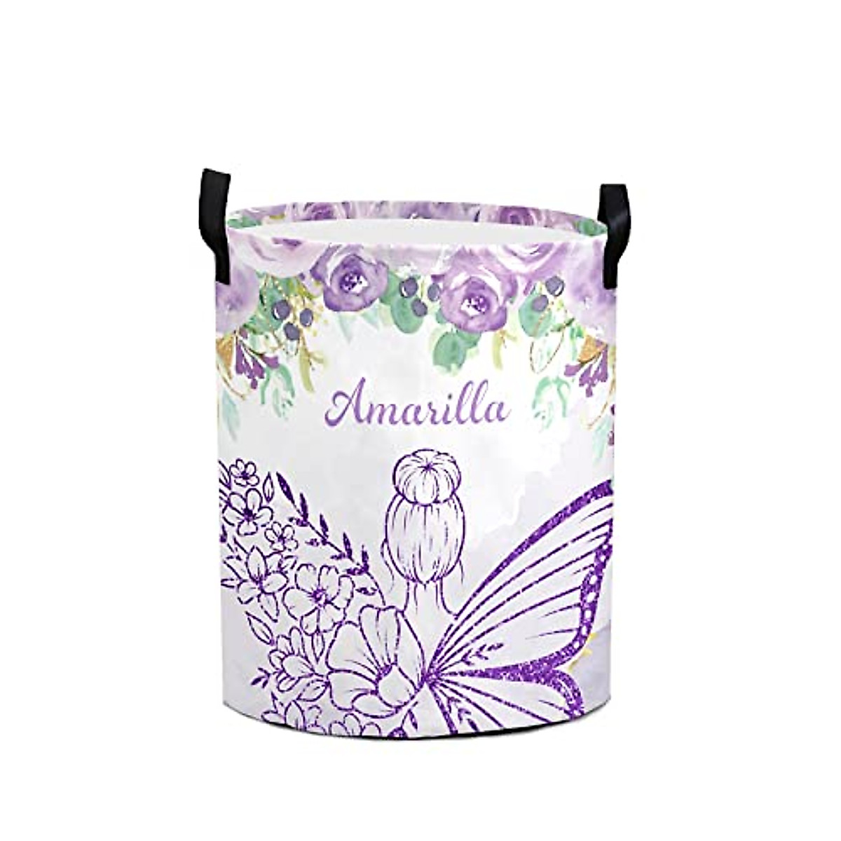 Personalized Laundry Basket, Fairy Girl Purple Butterfly Custom Storage Bins Laundry Hamper with Name Collapsible Toys Organizer