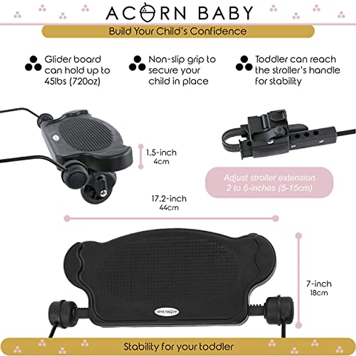 Acorn Baby Universal Stroller Board - 17.2 x 7 x 1.5in Black Quick Snap On and Off Attachable Stroller Standing Board