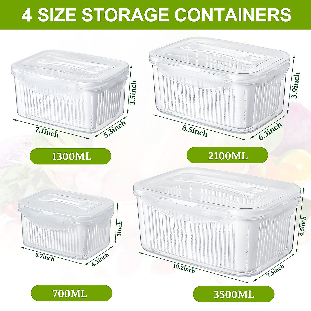 Rtteri 8 Pack Fruit Storage Containers for Fridge Produce Saver Containers for Refrigerator with Drain Colander Plastic Produce Keepers Refrigerator Organizer for Vegetable Berry Salad Lettuce (White)