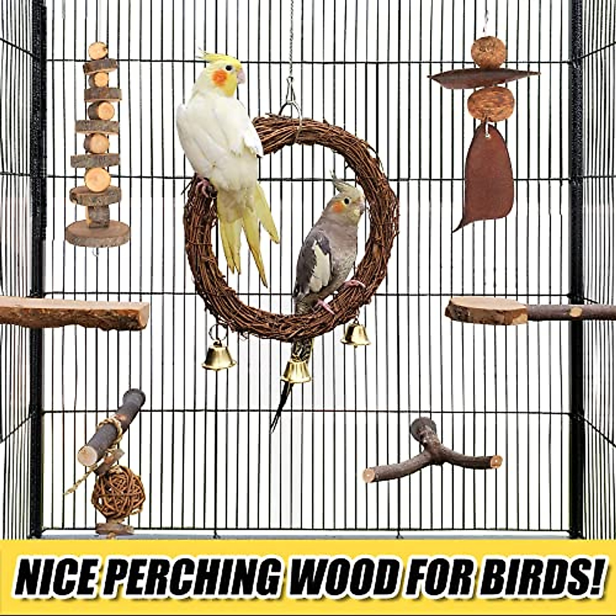 8pack Natural Wood Parrot Toys Set,Including Bird Perches,Bird Swing,Flat Bird Perch,Bird Chewing Toys.Bird Cage Accessories Suitable for Parakeets,Cockatiels,Finches,Budgie,Love Birds (8-Pack)