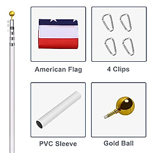 Hooomyai 20FT Telescopic Flag Pole Kit, Heavy Duty Aluminum Telescoping Flagpole Kit Fly 2 Flags, Outdoor In Ground Flagpole with 2 USA Flag & Gold Ball Top for Residential or Commercial, Silver