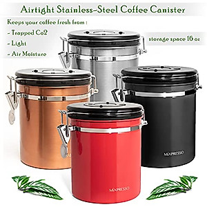 Mixpresso 16Oz Coffee Canister, Stainless Steel Airtight Coffee Container, Ground Coffee Bean Storage with Date Tracker, Vacuum Sealed Espresso Airtight Container, Coffee Jar, Sugar Container