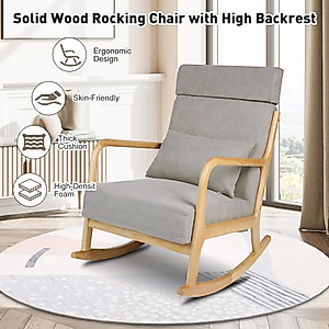 LUCKYERMORE Rocking Chair Nursery with Solid Wood Legs,Glider Chair with High Backrest,Upholstered Glider Rocker Chair for Nursery Bedroom Living Room, Grey
