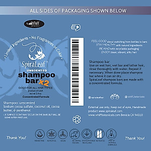 Spiraleaf Whiff Shampoo Bars, x2 Savings, Unscented: Limited Ingredients, No Scents or Colorings; Concentrated Formula, Made USA