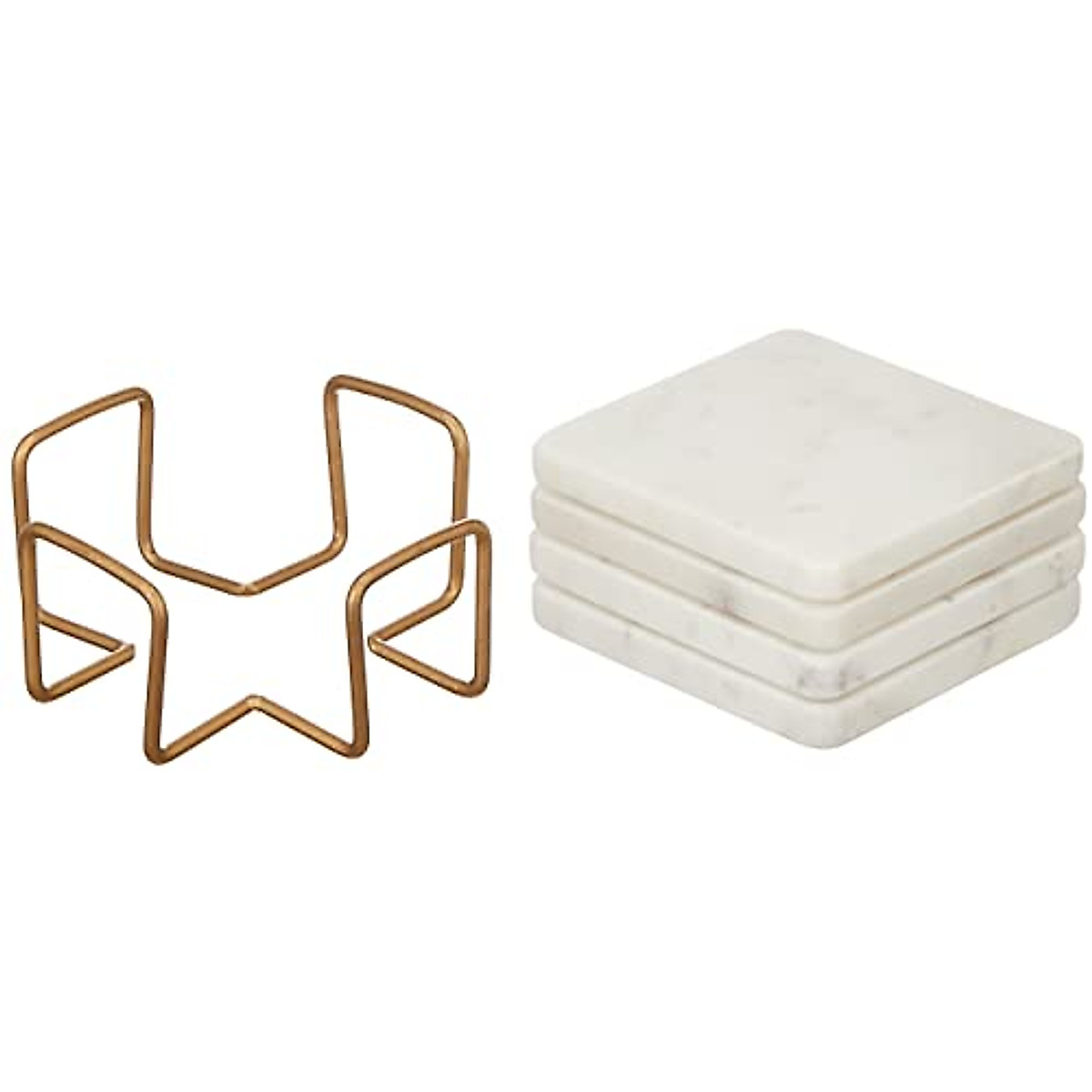 Queenza Marble Coasters with Holder, Set of 4 Gold Coasters for Drinks , 4 Inch Modern Coasters for Coffee Table - Natural White Coasters with Padded Bottom