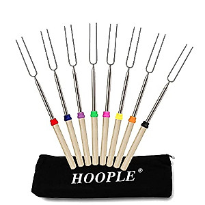 HOOPLE 8PC Marshmallows Roasting Sticks - Essential Camping Accessory 32In Extendable Stainless Steel Fork, Smores Kit, Smores Skewers for Fire Pit Kit, Hot Dogs & Smores Sticks.