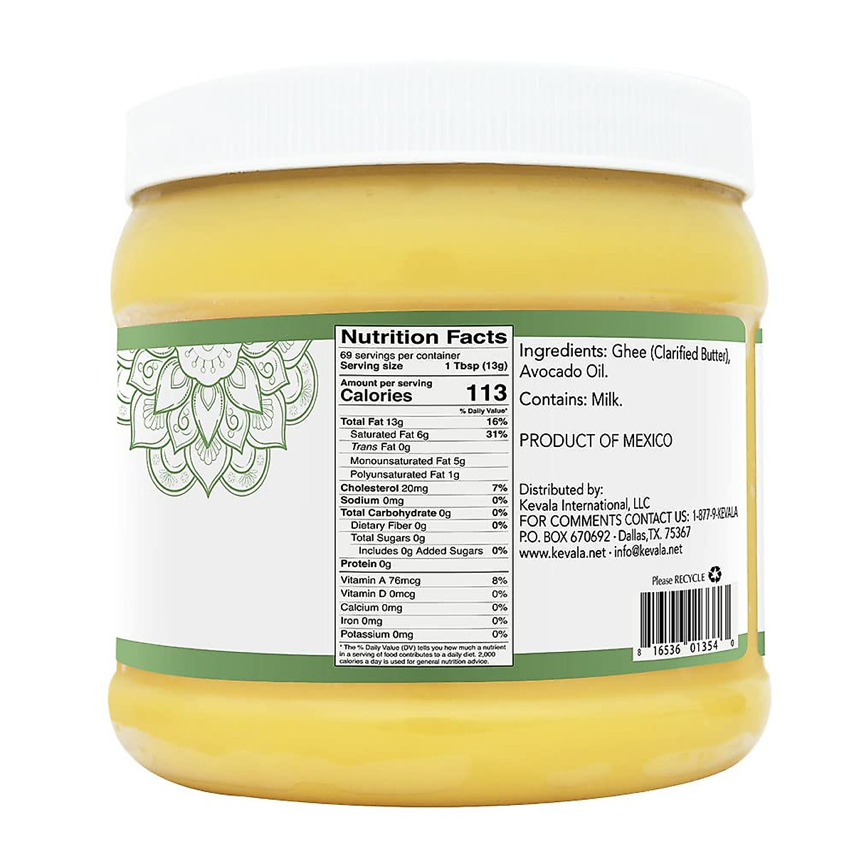Kevala Avocado Ghee 32 Oz / 2 lb - Avocado Oil and Traditional Premium Ghee High-Heat Blend - Keto - Paleo - Casein Free - Gluten Free - Lactose Free