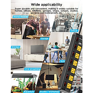 Power Strip with Individual Switches and Flat Plug, CRST 6-Outlet Metal Heavy Duty Surge Protector (1200 Joules), 6-Feet 14AWG Cord with Hook and Loop Fastener, 15A Circuit Breaker