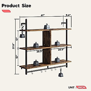 Bestier 41.5" Floating Pipe Shelving 3 Tier Industrial Wall-Mounted Ladder Shelf Hanging with Circular Tube, Wood Display Bookshelf Storage for Living Room Kitchen Balcony, Rustic Brown