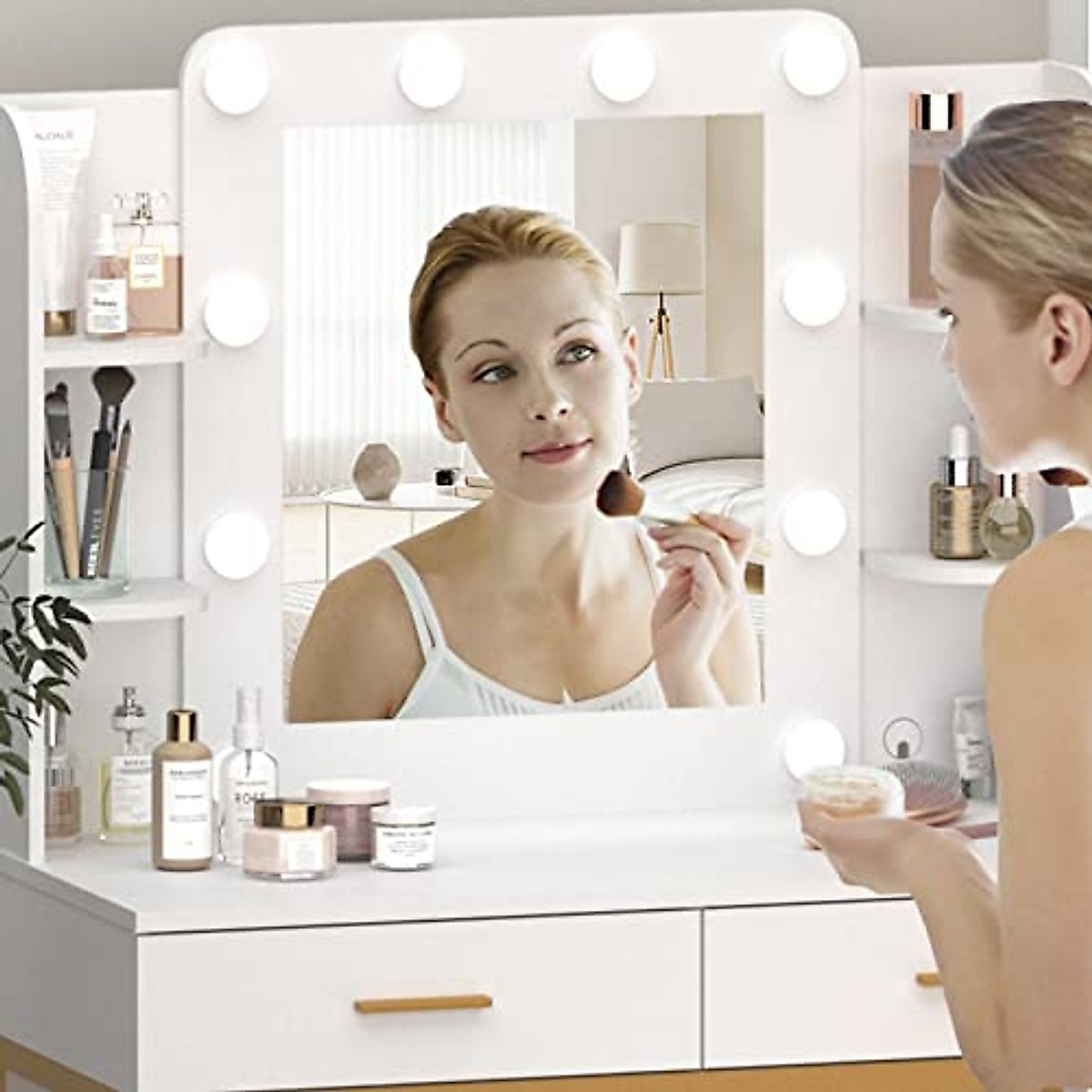 Vabches Makeup Vanity with Lighted Mirror,Vanity Mirror with Lights and Table Set,Vanity Set with 10 LED,Vanity Desk with 3 Lighting Modes and 2 Drawers&Cushioned Stool for Bedroom.