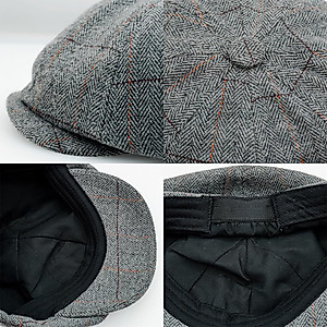 Charmylo Newsboy Cap Gatsby Baker Boy Hat Flat Caps Tweed Adjustable Peaky Herringbone Cloth Cap Hat Grey