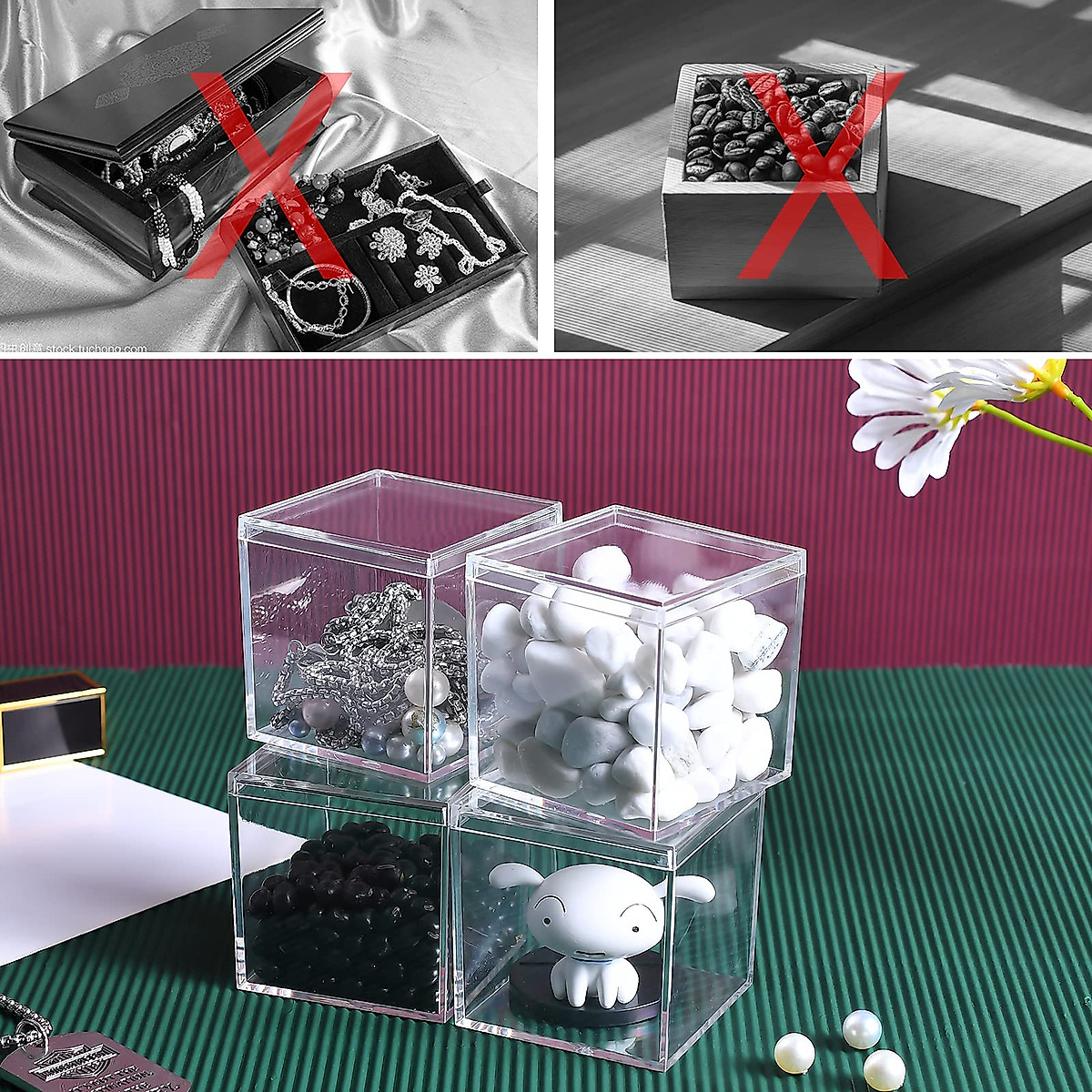 Dayaanee Clear Acrylic Box with lid, 4 Pack Plastic square cube containers Storage Box 3.9x3.9x3.9 Inch/100X100X100mm for Candy Pill and Tiny Jewelry