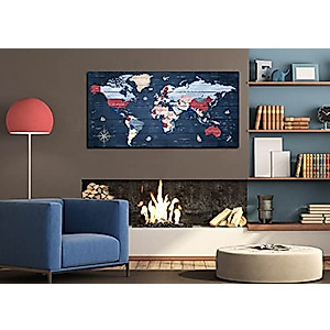 Blue World Map Wall-Art For Office - Large World Maps For Wall - Canvas Wall Art Stretched and Framed Ready to Hang Size 40" x 20"