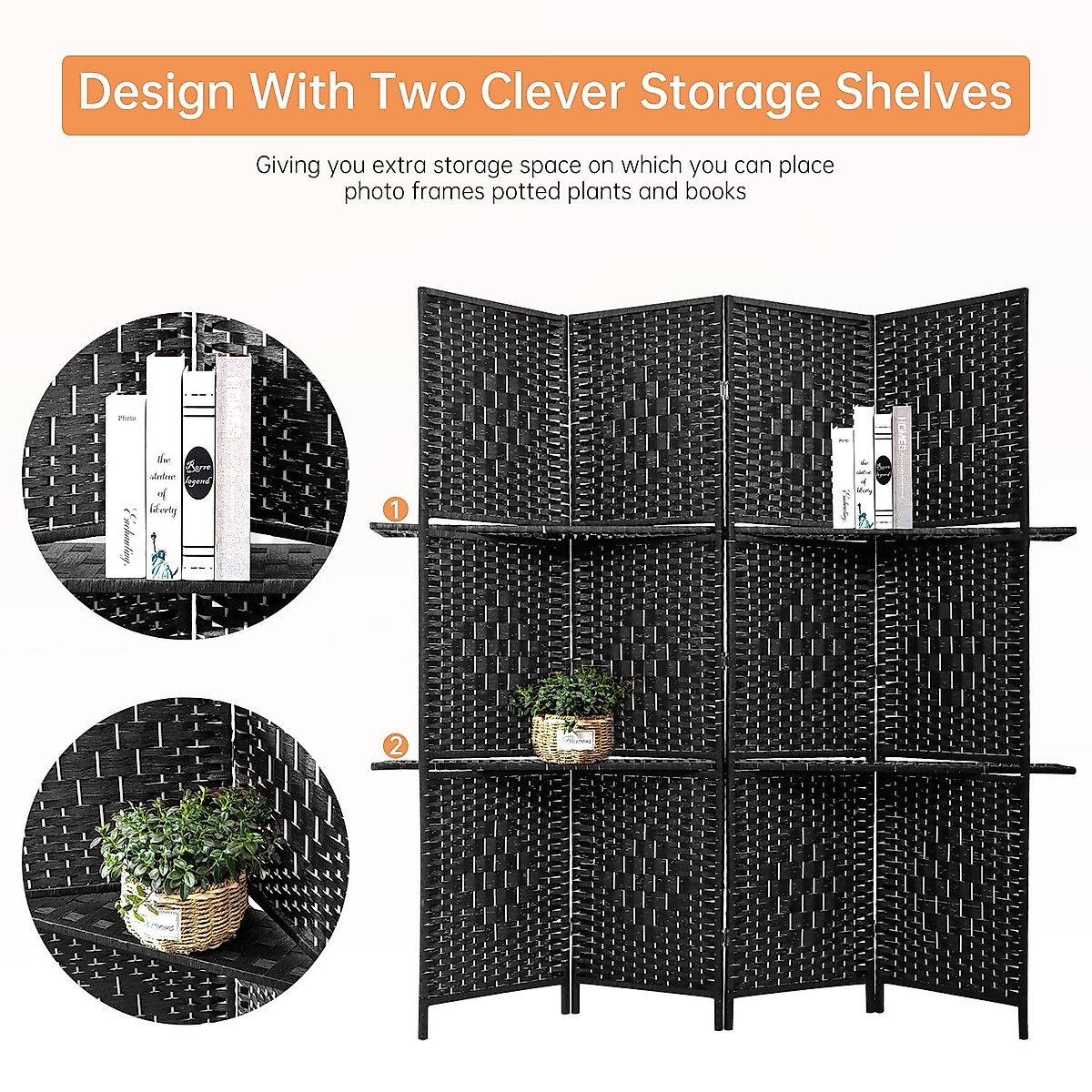 4-Panel Room Diviver Privacy Screen,Wooden Screen Folding Portable Partition Screen with Removable Storage Shelves,Indoor Partition Wall Dividers Freestanding Partition Screens for Home Office(Black)
