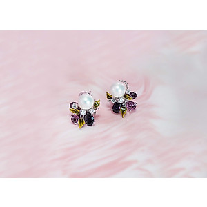 Anthia Jewelry Womens Sterling Silver Sparkling Multicolor Cubic Zirconia Gemstone Floral Flower White Imitation Pearl Cute Fashion Jewelry Accessory French Back Stud Earrings, Purple & Pink