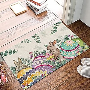 Easter Bunny Colorful Eggs Rustic Eucalyptus Leaves, Bathroom Shower Mat Doormat Non Slip,Floor Rug Absorbent Carpets Floor Mat Home Decor for Kitchen Bedroom Rug, 16"X 24"