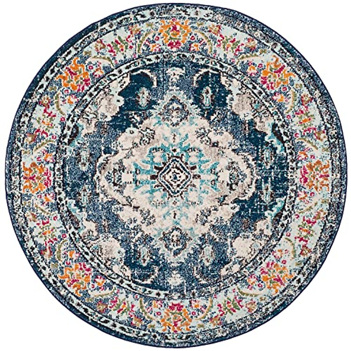 SAFAVIEH Monaco Collection 3' Round Navy/Light Blue MNC243N Boho Chic Medallion Distressed Non-Shedding Dining Room Entryway Foyer Living Room Bedroom Area Rug