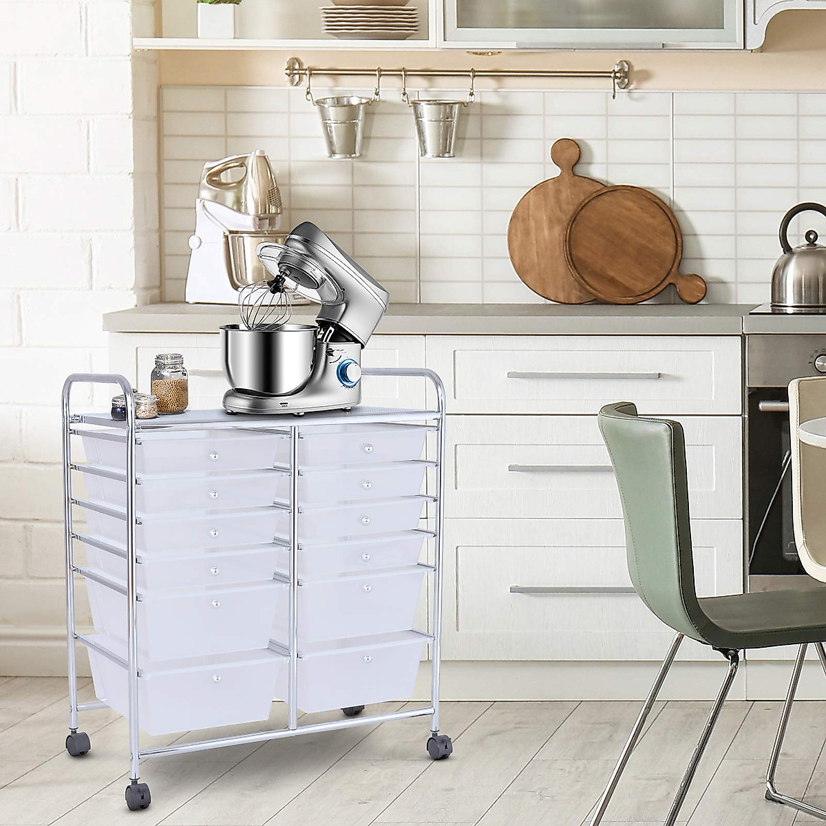 RELAX4LIFE Storage Cart W/12 Drawers Rolling Wheels Semi-Transparent Multipurpose Mobile Rolling Utility Cart for School, Office, Home, Beauty Salon Files Arrangement Storage Organizer Cart (Clear)