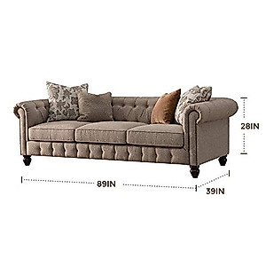 Acanva Chesterfield Tufted Sofa with Scroll Arms, Nailhead Trim Linen Upholstered, 89" W Couch, Brown