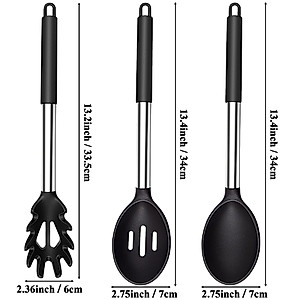 Silicone Cooking Spoons, Large Heat Resistant Silicone Pasta Slotted Spoon Solid Spoon for Nonstick Cookware, BPA Free Black Silicone Kitchen Spoons Dishwasher Safe for Cooking Mixing Serving, 3 Pack