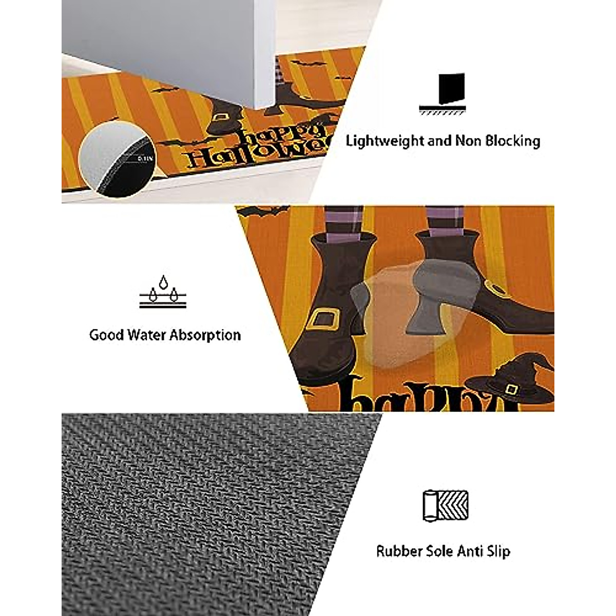 Halloween Bath Mat for Tub,Non Slip Bathroom Floor Runner Rug Quick Dry & Absorbent Diatomaceous Earth Shower Sink Kitchen Washable Doormat,Witches Boot Bats Orange Geometry Stripes 18x30+18x60