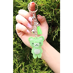 AuPra Green Teddy Bear Crystal KeyChain Gift Women Bling Rhinestones KeyRing Home Car Bag Clip Key Holder Lady Girl Tassel Present