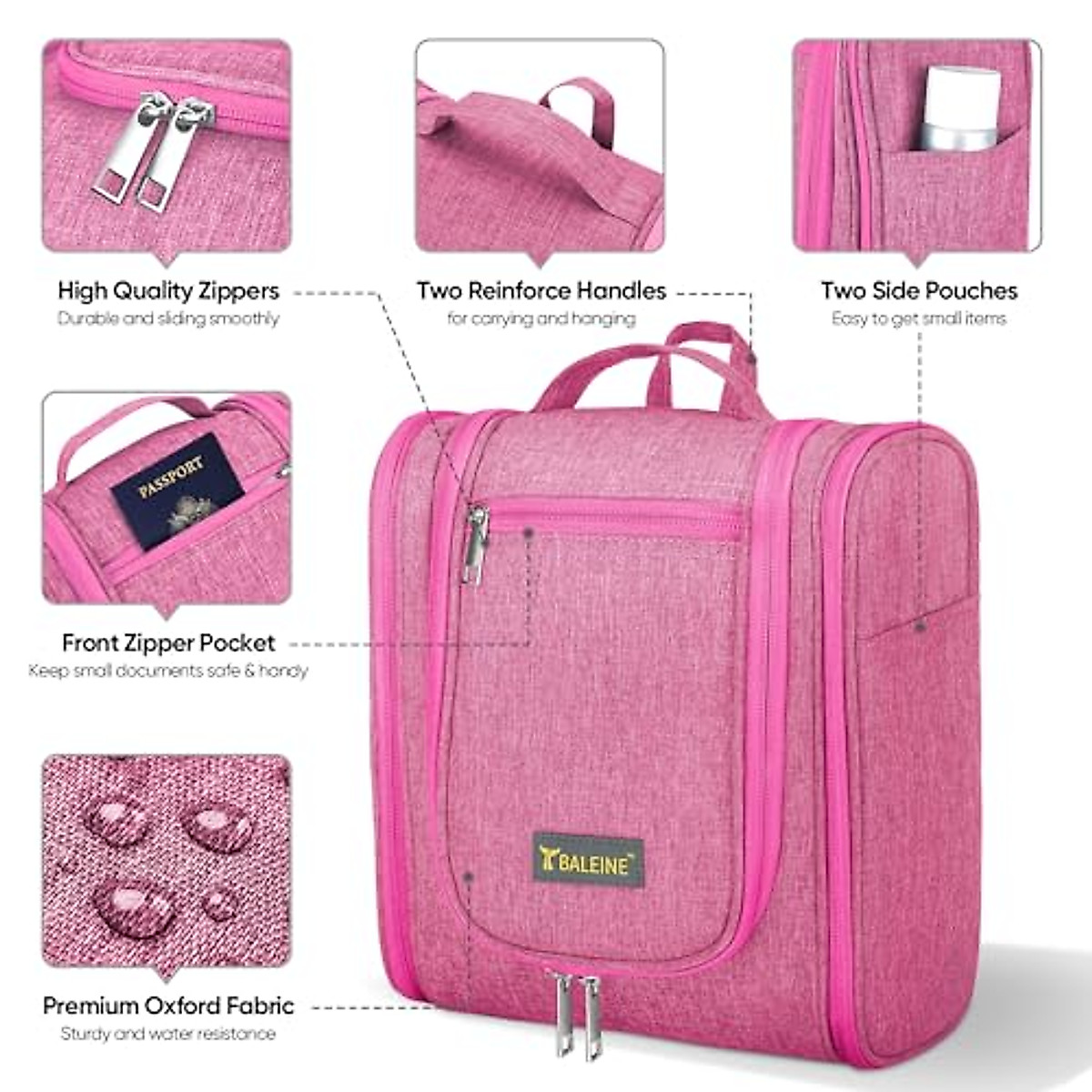 BALEINE Toiletry Bag for Women and Men, Water-Resistance Cosmetic Bags Makeup Organizer for Toiletries with Hanging Hook (Large, Pink)