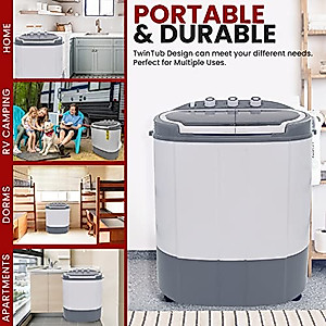Compact Home Washer & Dryer, 2 in 1 Portable Mini Washing Machine, Twin Tubs, 11lbs. Capacity, 110V, Spin Cycle w/Hose, Translucent Tub Container Window, Ideal for Smaller Laundry Loads