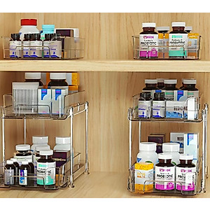 RIGEDNEF 2 Tier Clear Bathroom Organizer with Dividers, Under Sink Organizer and Storage, Slide-Out Medicine Cabinet organizer, Kitchen Pantry Storage, Bathroom Vanity Counter Organizer, 2 Pack