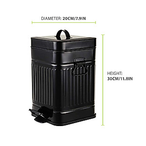 Bathroom Trash Can with Lid, Small Garbage Bin for Home Bedroom, Retro Step Wastebasket with Soft Close, Vintage Metal Office Trash Can, 5 Liter/ 1.3 Gallon, Glossy Black