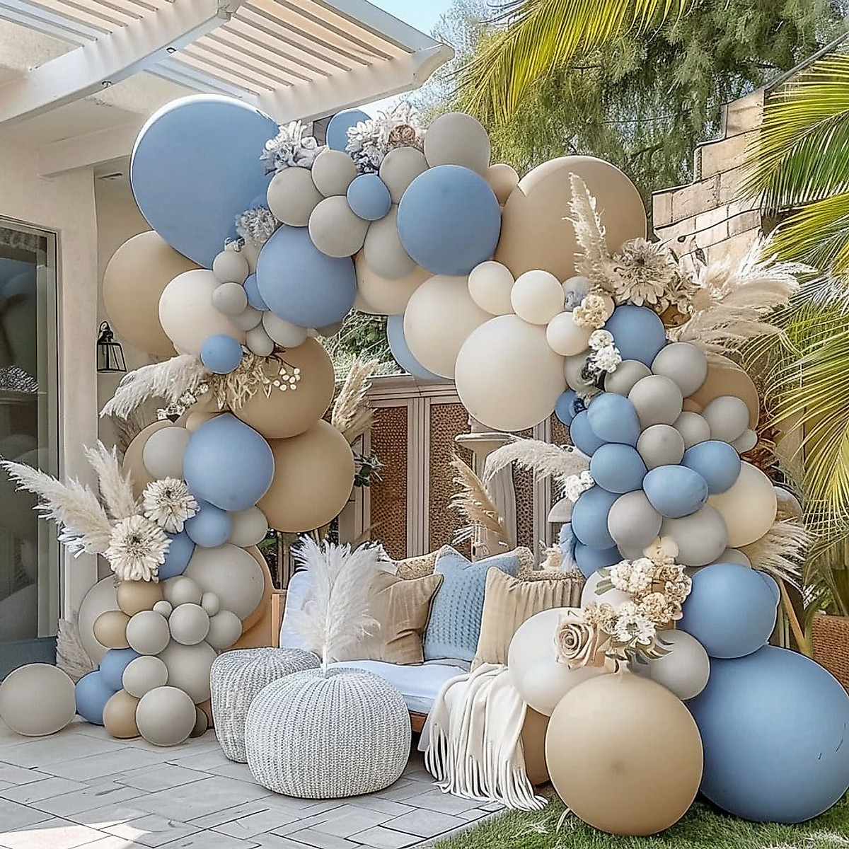 Dusty Blue Brown Balloon Garland Double Stuffed Blue Tan Balloons White Sand Grey Latex Balloons Neutral Balloon Arch Kit For Teddy Bear Baby Shower Boho Birthday Gender Reveal Party Decorations
