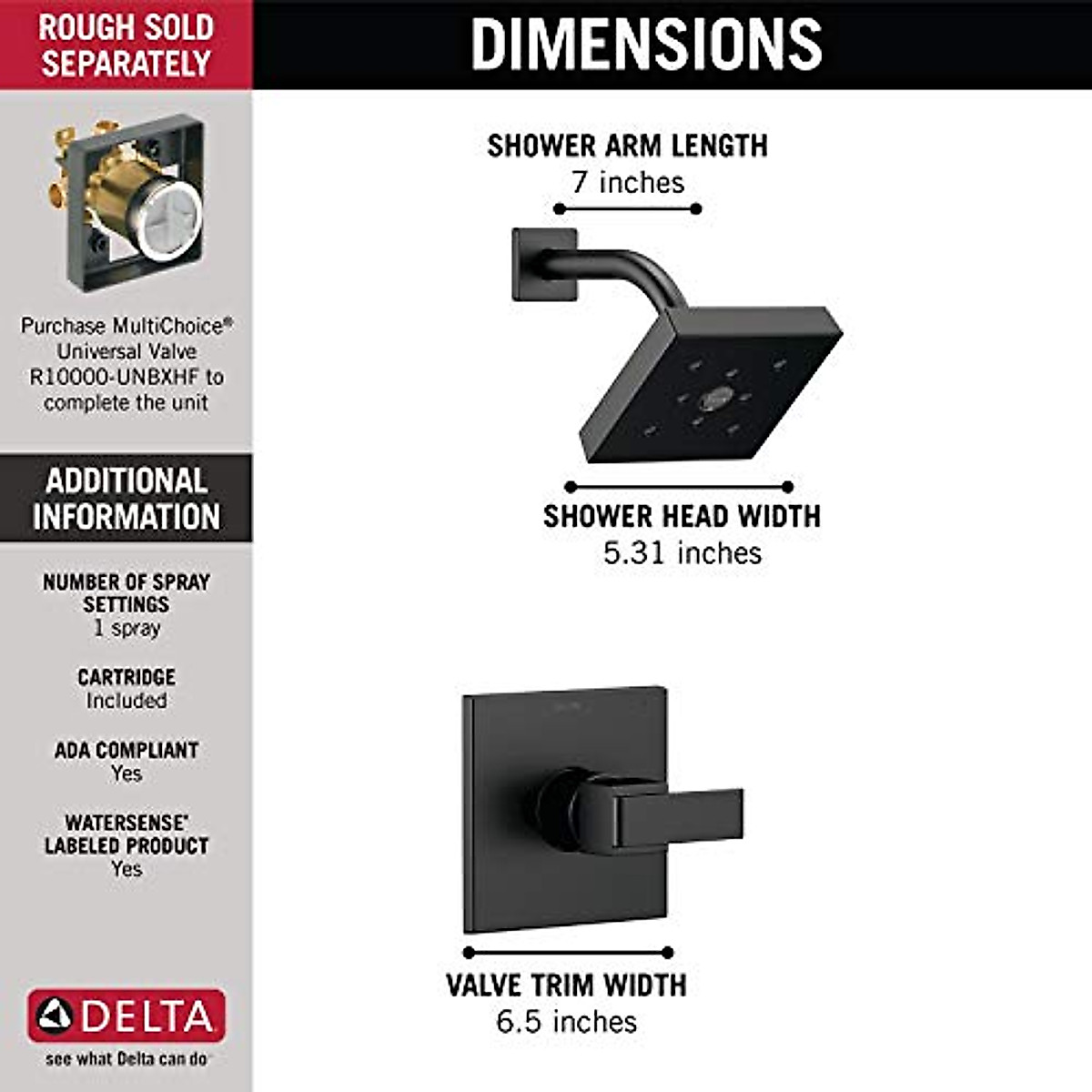 Delta Faucet Ara 14 Series Single-Function Shower Trim Kit with Single-Spray H2Okinetic Shower Head, Matte Black T14267-BL (Valve Not Included)
