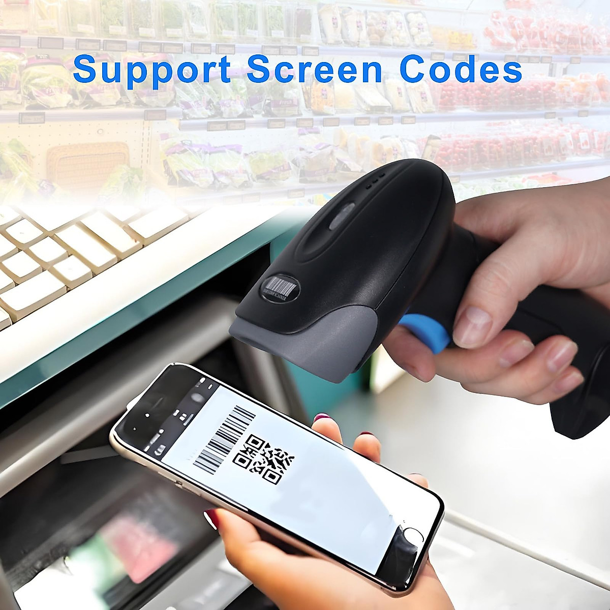 Rabitpos 1D 2D QR Barcode Scanner Wireless, Handheld Cordless Bar Codes Reader with 2000mAh Battery for Mobile Payment, Convenience Store, Supermarket, Warehouse Inventory