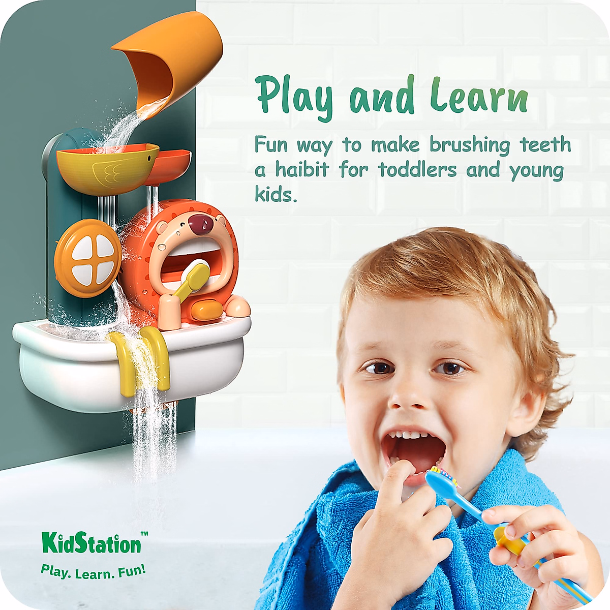 KidStation® - Baby Bath Toys for Toddlers 1-3, Kids 3-4 Years Old - Lion Bathtub Toys with Bubble Foam Maker + 3 Wind-Up Swimming Turtles - Gift Card Included for Christmas and Birthday