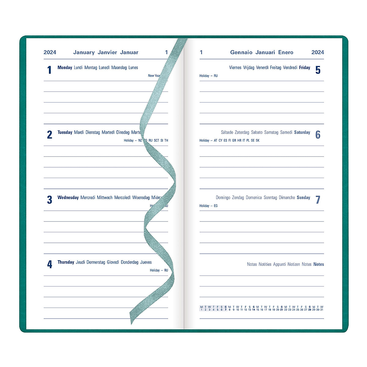 Letts of London Woodland Weekly Planner, 12 Months, January to December, 2024, Pocket Size, 5.875" x 3.125", Multilingual, Green (C082173-24)