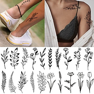 Tazimi 12 Sheets Black Flower Temporary Tattoos for Women Girls,Black Small Wild Floral Bouquet Tiny Branch Floral Wild Plants Sketch Tattoo Stickers for Women Body Art Arm