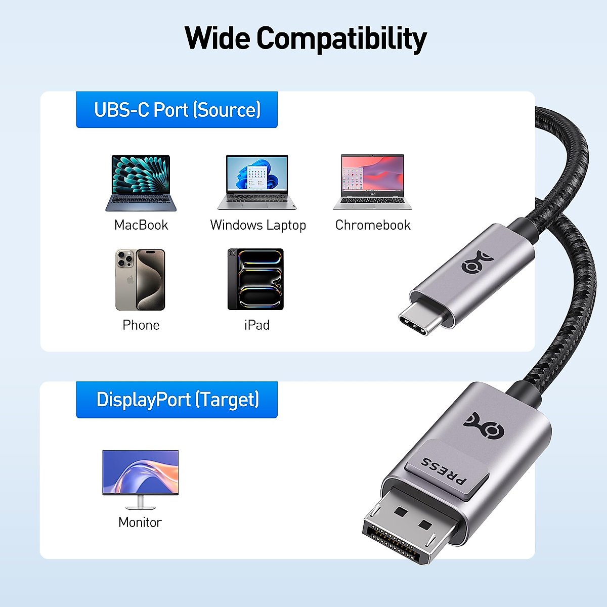 Cable Matters Braided USB C to DisplayPort 1.4 Cable 6ft, Support 4K@240Hz / 8K@60Hz (USB-C to DisplayPort, USB C to DP) in Gray - Thunderbolt 4 /USB 4 Compatible with MacBook, XPS