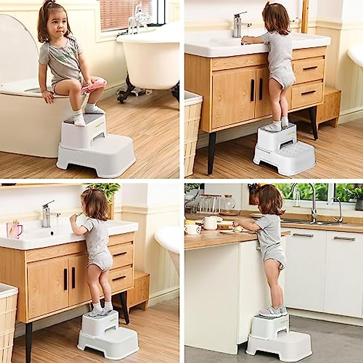 Two Step Stool for Kids, Double up Baby Child Toddler Stepping Stool for Potty Training,Bathroom Sink,Kitchen,Toilet Stool with Anti-Slip Strips for Safety, Stackable, Wide Step (2 Packs White)