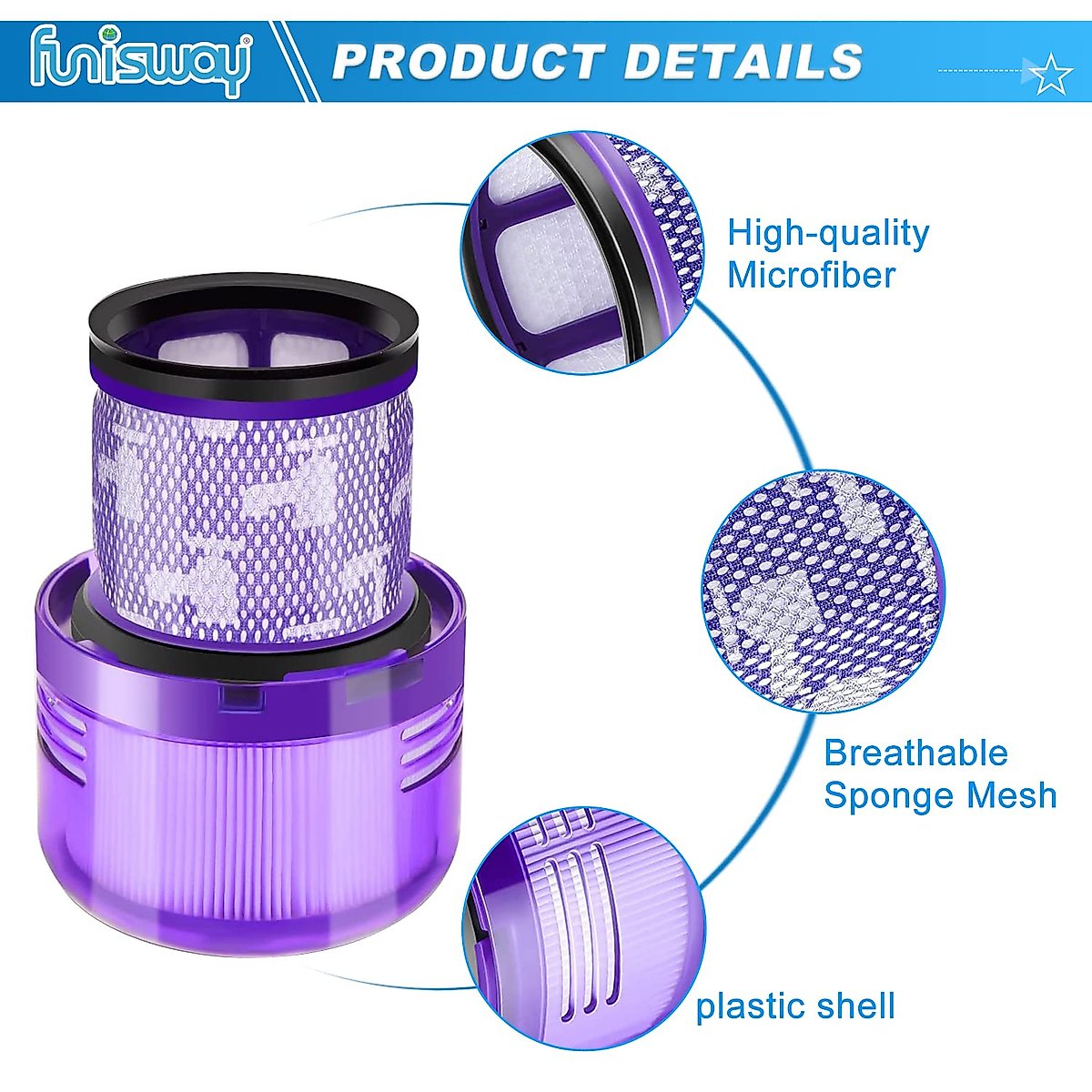 2 Pack Replacement V11 Filters for V11 Torque Drive V11 Animal V15 Detect Vacuum, Replace Part 970013-02