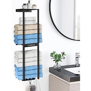 Bathroom Towel Storage Rack, Wall Towel Rack for Rolled Towels, 3 Tier Towel Holder Shelf with 4 Hooks for Small Bathroom, Matte Black
