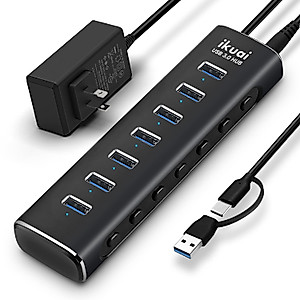 Powered USB 3.0 Hub, ikuai 7-Port 3.0 Data Aluminum USB Hub Splitter with 24W AC Adapter and 3.3ft Extended Long Cable for PC, Laptop, PS4, HDD, Flash Drive